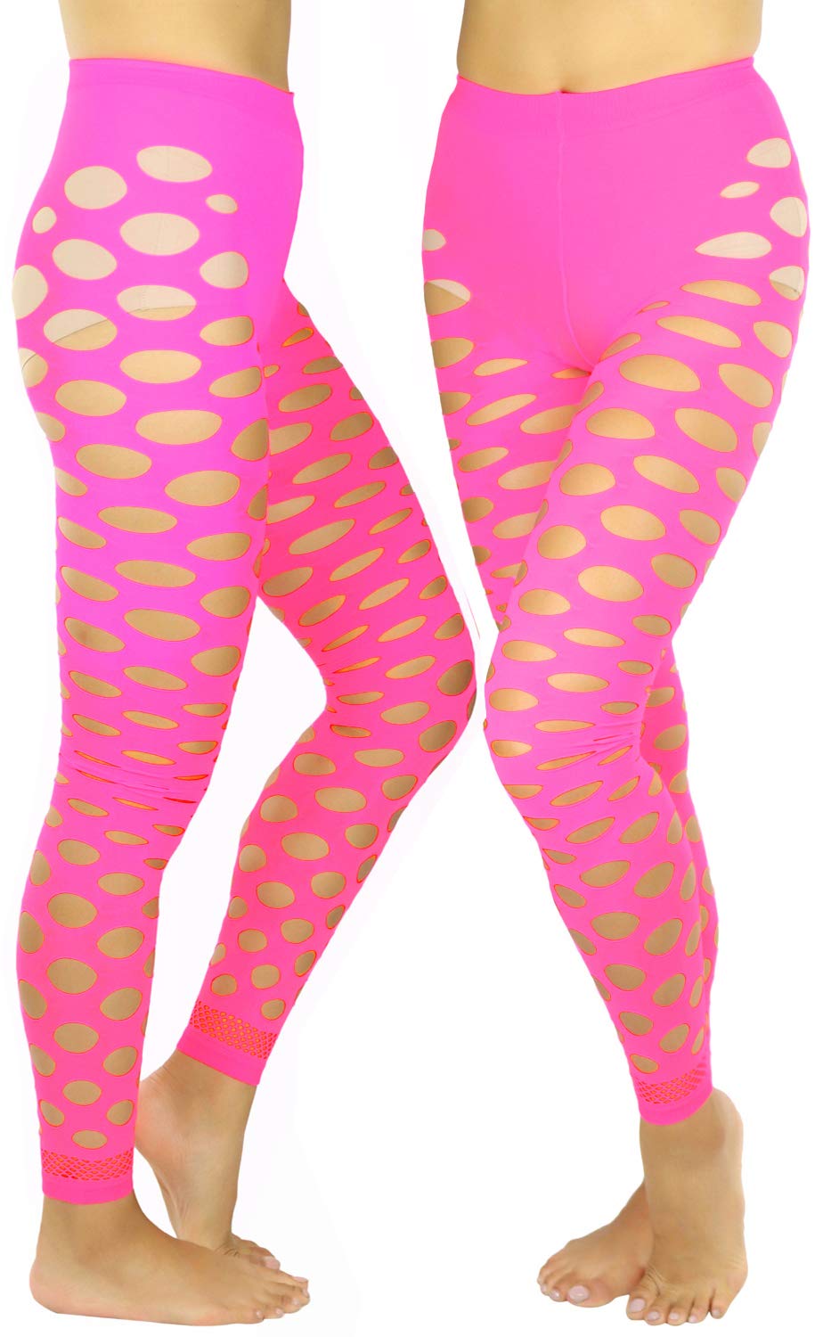 ToBeInStyle Women's Fishnet Slashed Leggings w/Footless Design - One Size - Hot Neon Pink