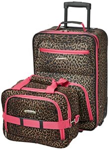 rockland fashion softside upright luggage set, expandable,lightweight,telescopic handle,wheel, pink leopard, 2-piece (14/19)