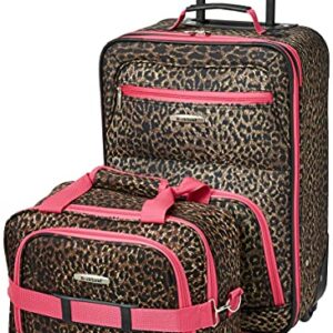 Rockland Fashion Softside Upright Luggage Set, Expandable,Lightweight,Telescopic Handle,Wheel, Pink Leopard, 2-Piece (14/19)