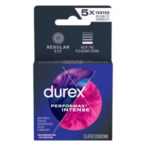 condoms, ultra fine, ribbed, dotted with delay lubricant, durex performax intense natural rubber latex condoms, 3 count, contains desensitizing lube for men, fsa & hsa eligible