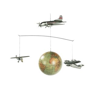 hanging airplane mobile - around the world mobile by authentic models, ceiling and nursery decor for all ages, attached world globe