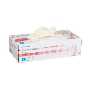 mckesson stretch vinyl exam gloves, non-sterile, powder-free, large, 100 count, 1 box