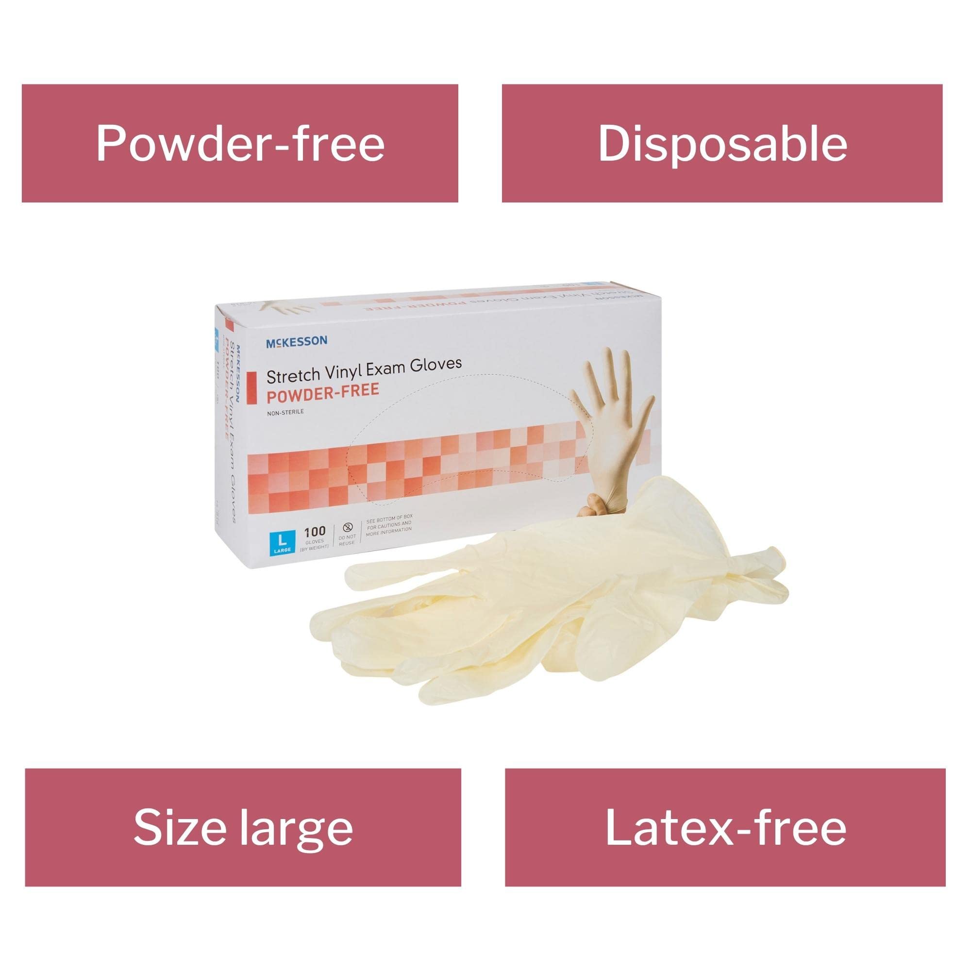 McKesson Stretch Vinyl Exam Gloves, Non-Sterile, Powder-Free, Large, 100 Count, 1 Box