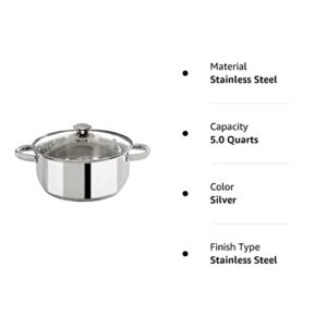 Ecolution Stainless Steel Stock Pot with Encapsulated Bottom Matching Tempered Glass Steam Vented Lids, Made Without PFOA, Dishwasher Safe, 5-Quart, Silver