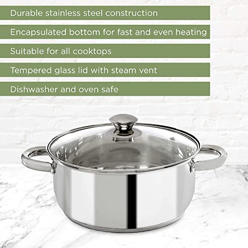 Ecolution Stainless Steel Stock Pot with Encapsulated Bottom Matching Tempered Glass Steam Vented Lids, Made Without PFOA, Dishwasher Safe, 5-Quart, Silver