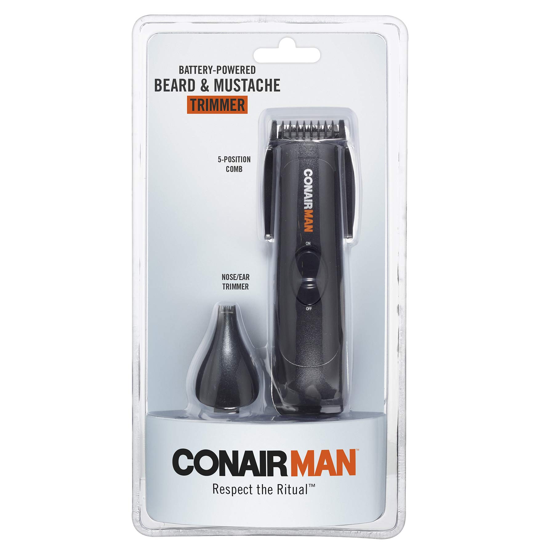 ConairMAN Beard Trimmer for Men, Includes Nose and Ear Trimmer and 5-Position Comb Attachments, 3 piece Men's Grooming Kit, Battery Operated