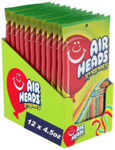 airheads xtremes belts sour candy, rainbow berry, non melting, bulk party bag, 4.5 oz (pack of 12)