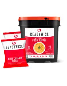 readywise - prepper pack bucket, 52 servings, emergency, mre meal & drink supply, premade, freeze dried survival food, hiking, adventure & camping essentials, individually packaged, 25 year shelf life