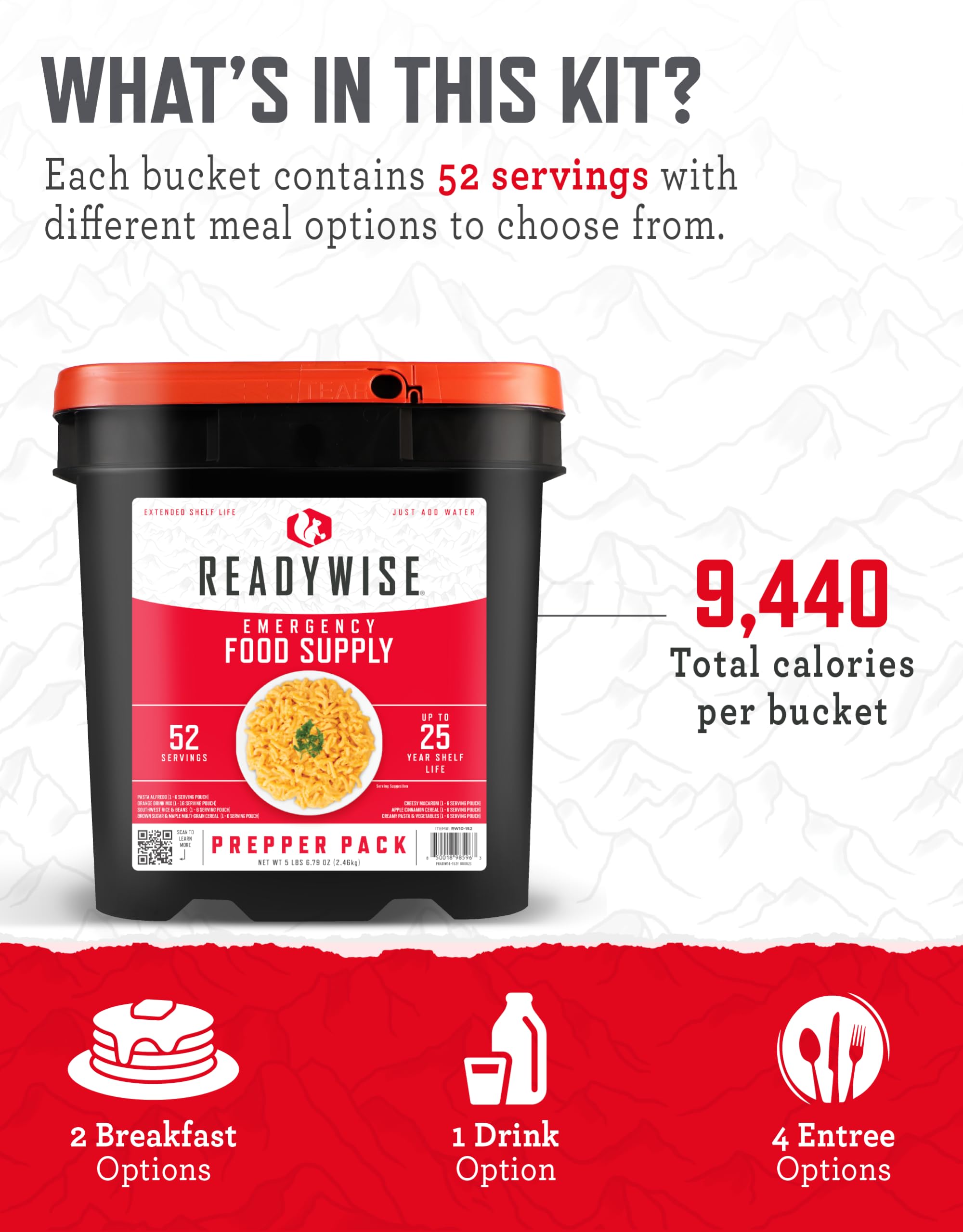 READYWISE - Prepper Pack Bucket, 52 Servings, Emergency, MRE Meal & Drink Supply, Premade, Freeze Dried Survival Food, Hiking, Adventure & Camping Essentials, Individually Packaged, 25 Year Shelf Life