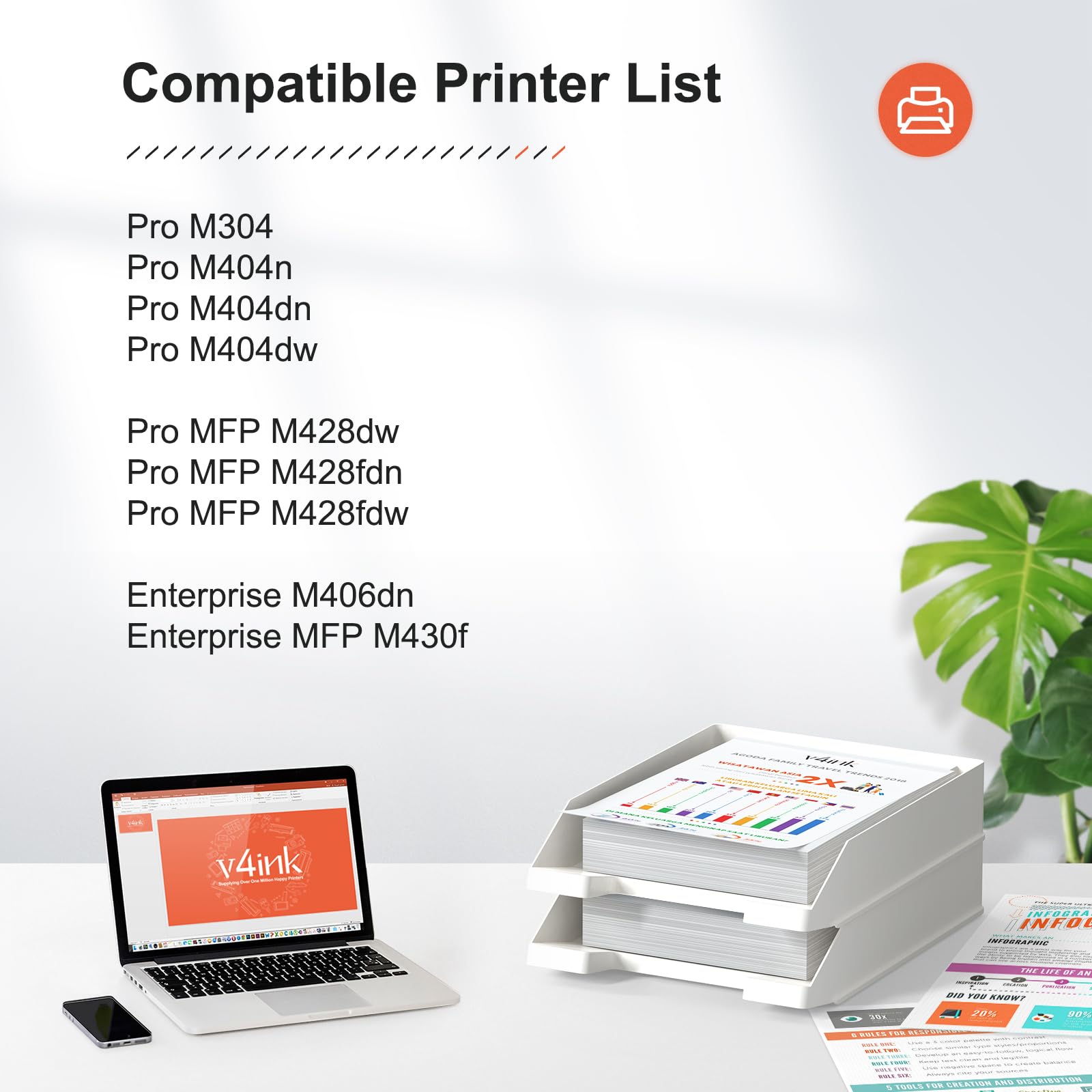 v4ink with Chip 58A Compatible Toner Cartridge Replacement for HP 58A CF258A 58X CF258X for HP Pro M404n M404dn M404dw MFP M428fdw M428fdn M404 M428 Enterprise M430f M406dn Printer (Black, 1-Pack)