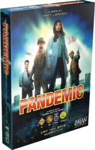 pandemic board game (base game) | cooperative board game for adults and family | ages 8+ | 2 to 4 players | average playtime 45 minutes | made by z-man games