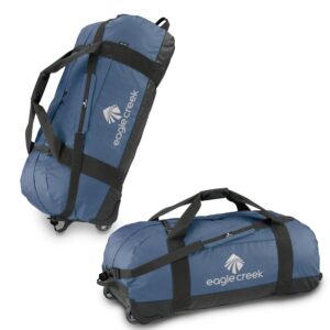 eagle creek no matter what 130l rolling duffle bag with wheels, padded handle, removable shoulder strap, and quick-access front pocket, collapsible, slate blue