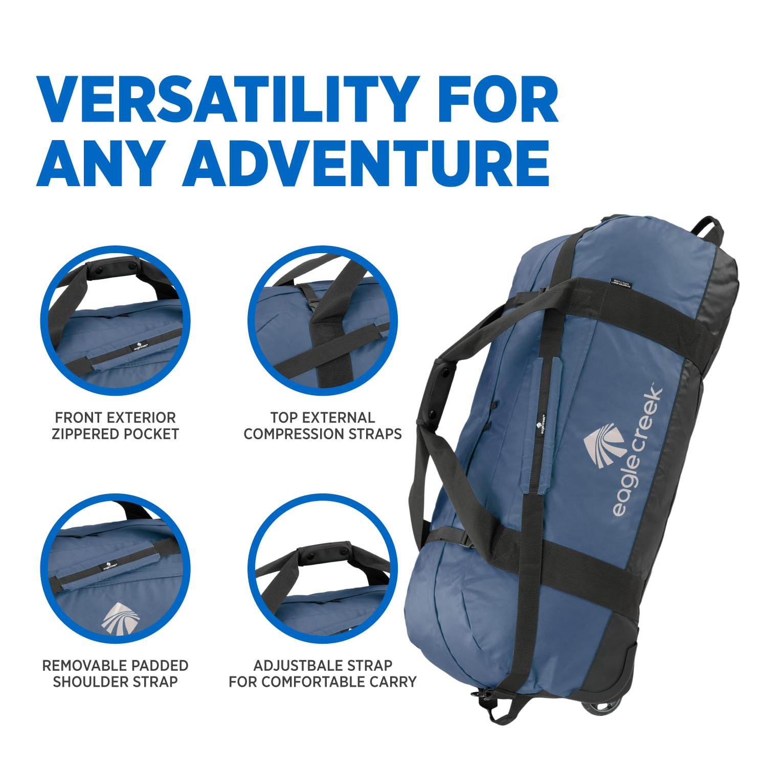 Eagle Creek No Matter What 130L Rolling Duffle Bag with Wheels, Padded Handle, Removable Shoulder Strap, and Quick-Access Front Pocket, Collapsible, Slate Blue