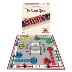 classic sorry with retro artwork and components by winning moves games usa, a family favorite for almost 100 years, for 1-4 players, ages 6+