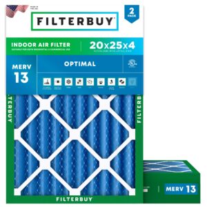 filterbuy 20x25x4 air filter merv 13 optimal defense (2-pack), pleated hvac ac furnace air filters replacement (actual size: 19.50 x 24.50 x 3.63 inches)