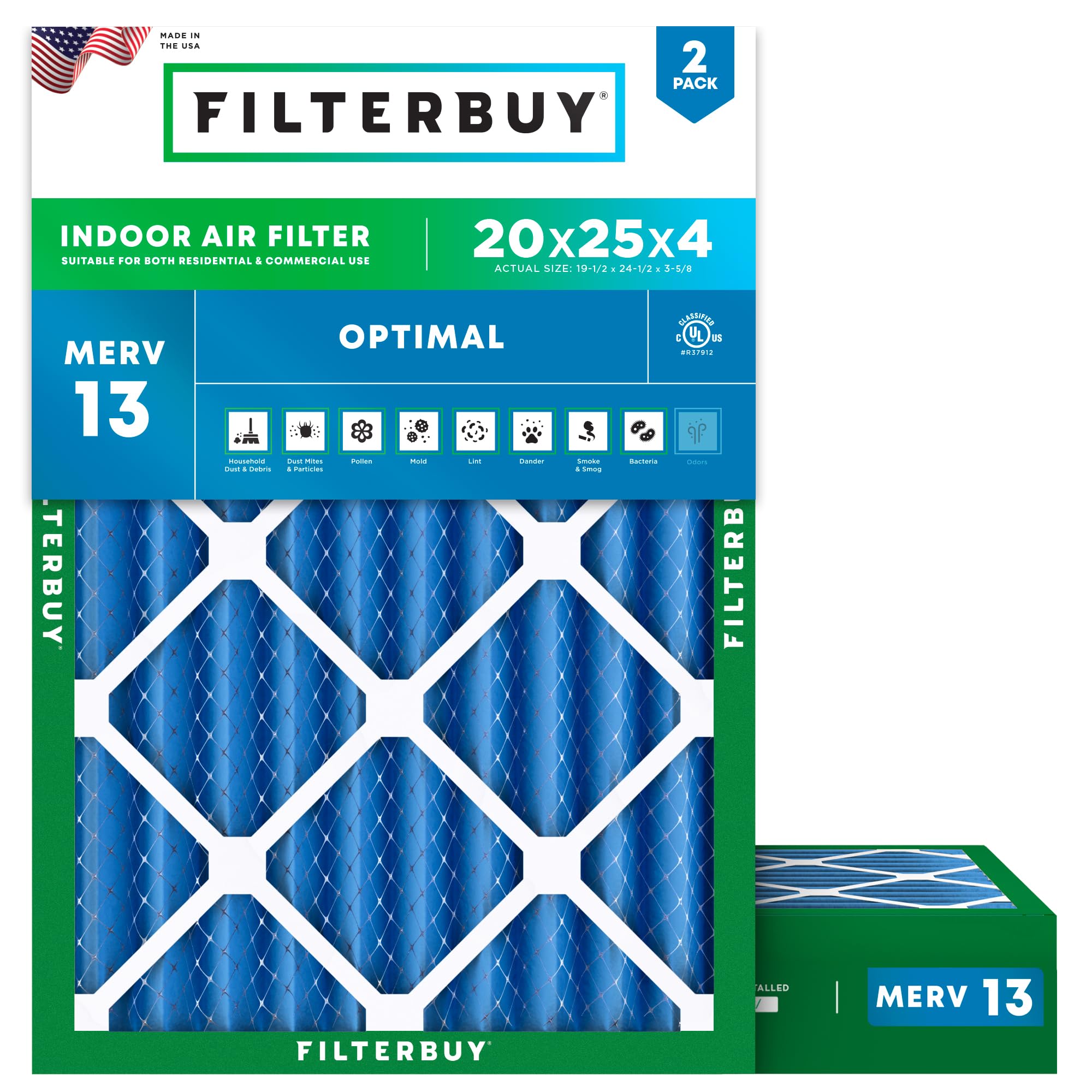 Filterbuy 20x25x4 Air Filter MERV 13 Optimal Defense (2-Pack), Pleated HVAC AC Furnace Air Filters Replacement (Actual Size: 19.50 x 24.50 x 3.63 Inches)