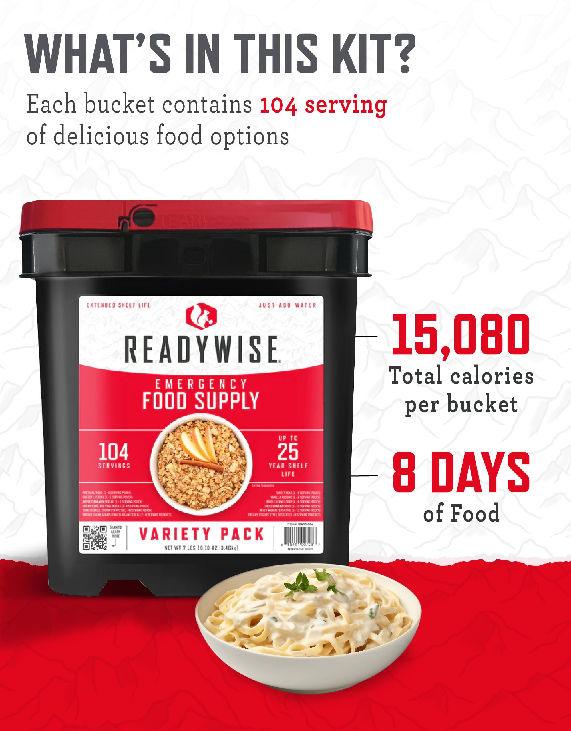 READYWISE - Variety Pack Bucket, 104 Servings, Emergency, MRE Meal & Drink Supply, Premade, Freeze Dried Survival Food, Hiking, Adventure and Camping Essentials, Individually Packaged, 25 Year Shelf Life