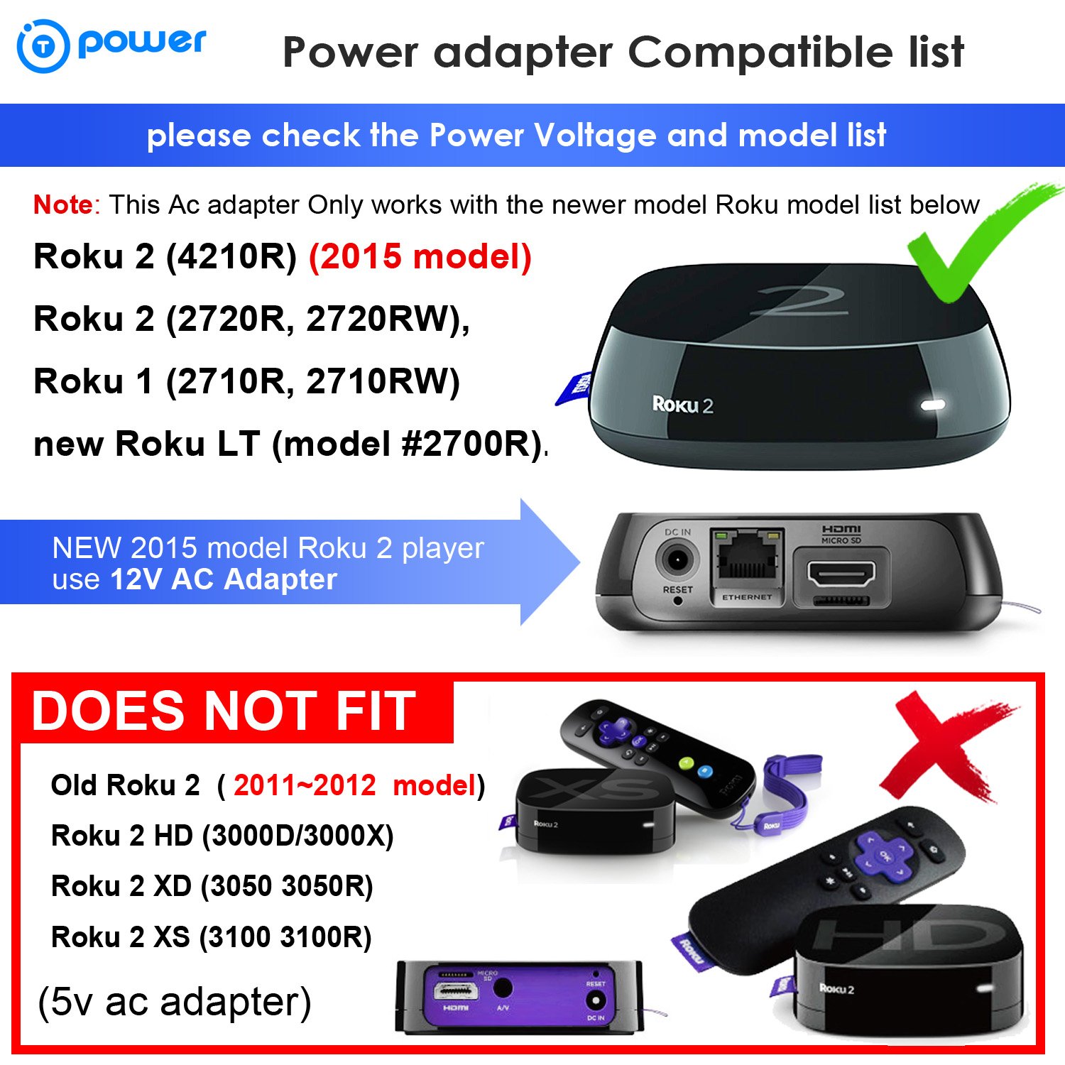 T-Power 12V Ac Adapter for 2015 Model Roku 3 4230R Streaming Media Player Model 4200R 4200X FA-1201000SUC FCC ID : TC2-R1004 IC: 5959A-R1004 & Roku 2 4210R 2013-2015 Model Power Supply