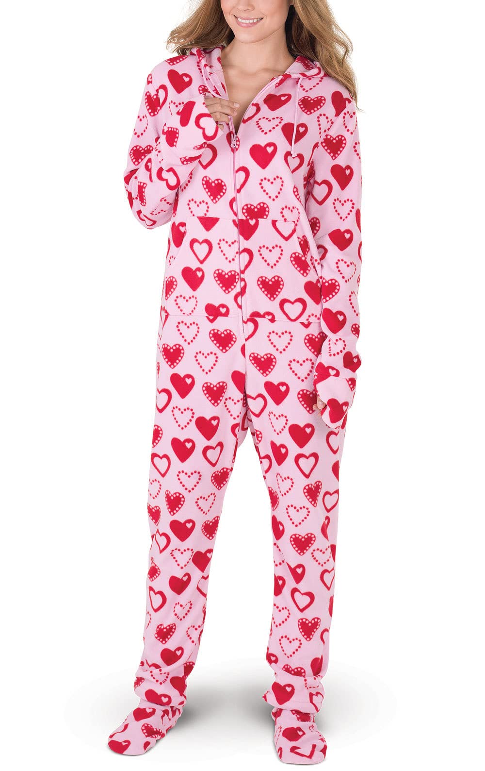 PajamaGram Fleece Onesies for Women - Footed Pajamas for Women, Pink, Small 4-6