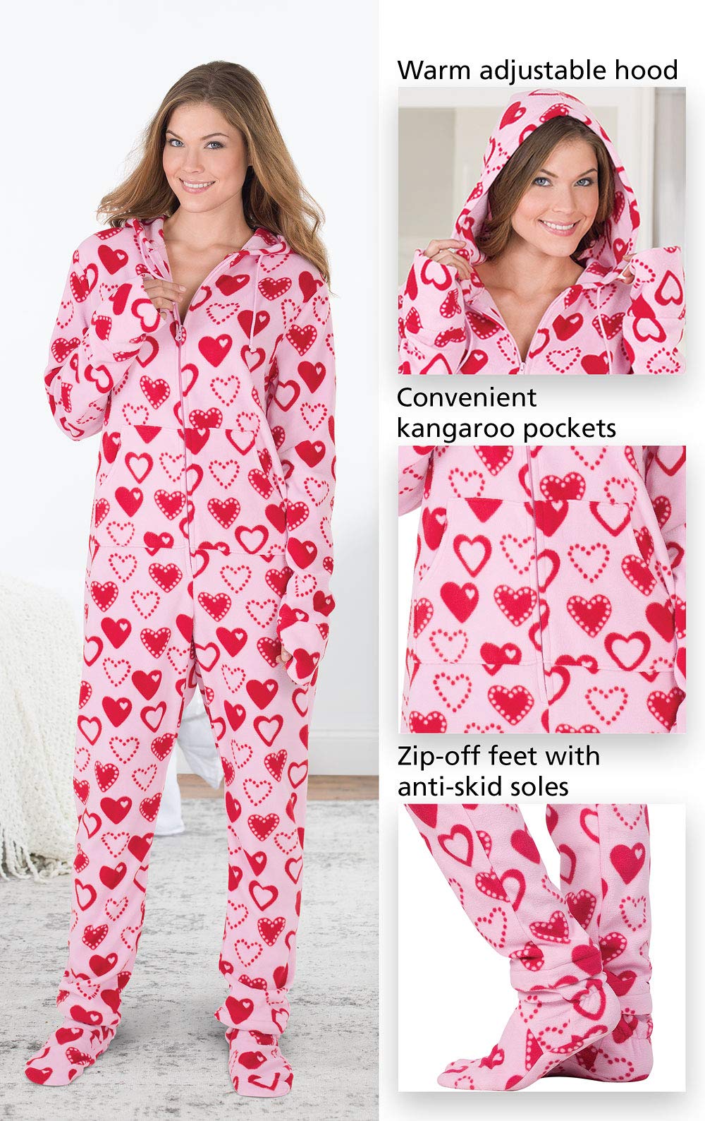 PajamaGram Fleece Onesies for Women - Footed Pajamas for Women, Pink, Small 4-6