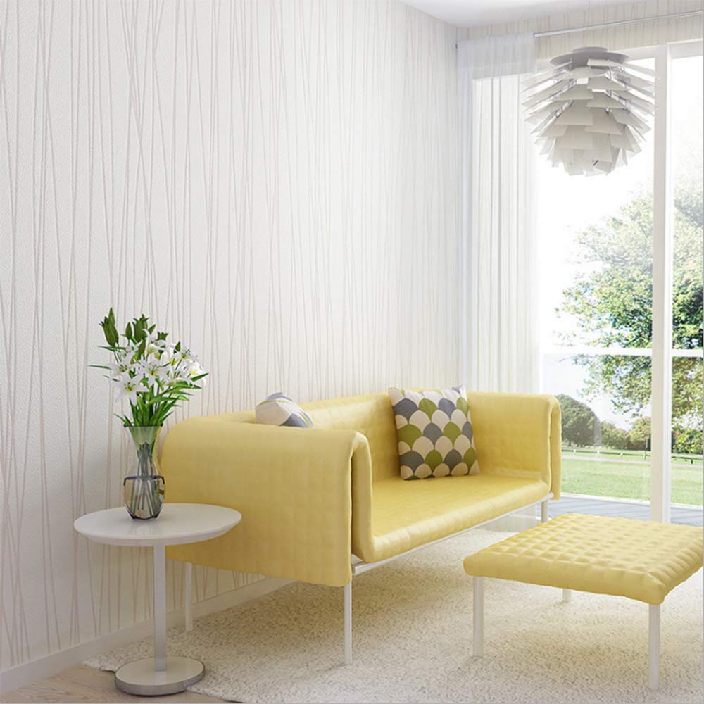 QIHANG Non-Woven Classic Flocking Plain Stripe Modern Fashion Wallpaper Wall Paper Roll for Living Room Bedroom White Color Wallpaper Roll 0.53m*10m=5.3㎡