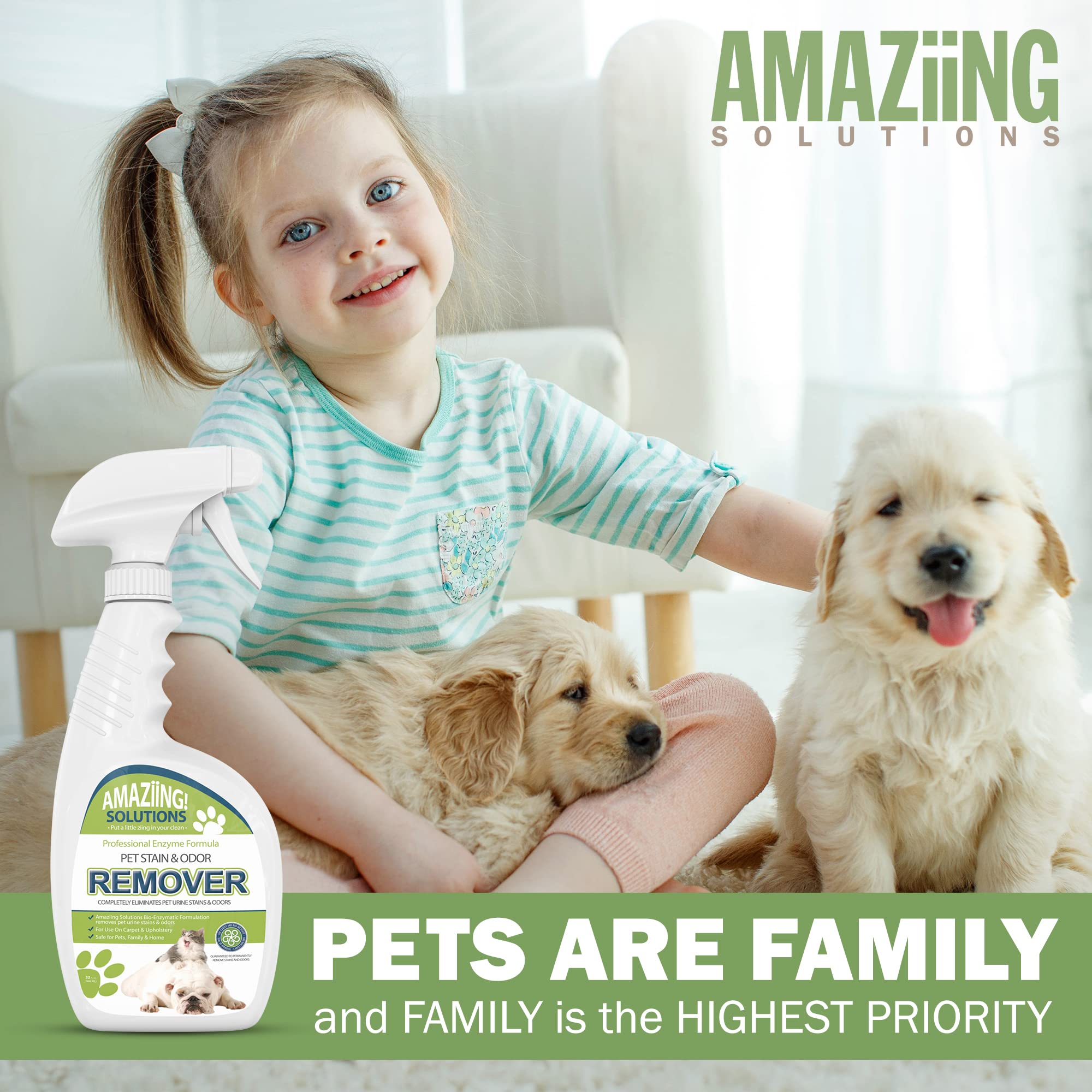 Amaziing Solutions Pet Stain and Odor Remover - Enzyme Cleaner, Pet Urine Odor Eliminator Spray - Floor & Carpet Cleaner Spray, Pet Deodorizers For Home, Fabric Spray W/Fresh, Clean Scent, 32oz Spray