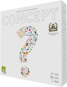 concept party game | award-winning board game | team-based guessing | fun family game for adults and kids | ages 10+ | 4-12+ players | average playtime 40 minutes | made by repos production