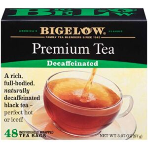 bigelow 48 count premium decaffeinated blend black tea, contains 48 individually wrapped tea bags, decaf tea