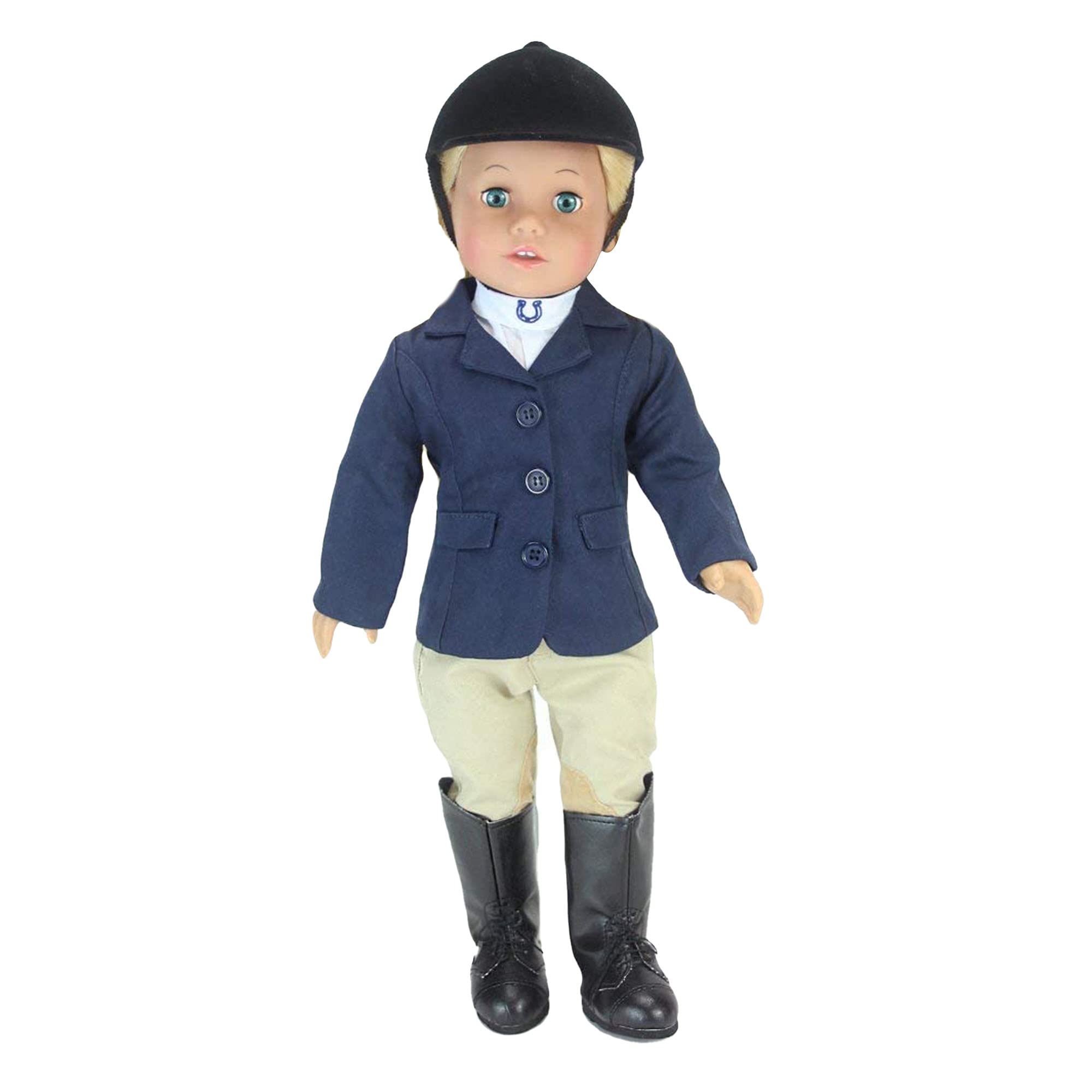 Sophia's - 18" Doll - Navy Jacket Riding Outfit, Black Tall Classic Riding Boots & Black Velvet Riding Helmet