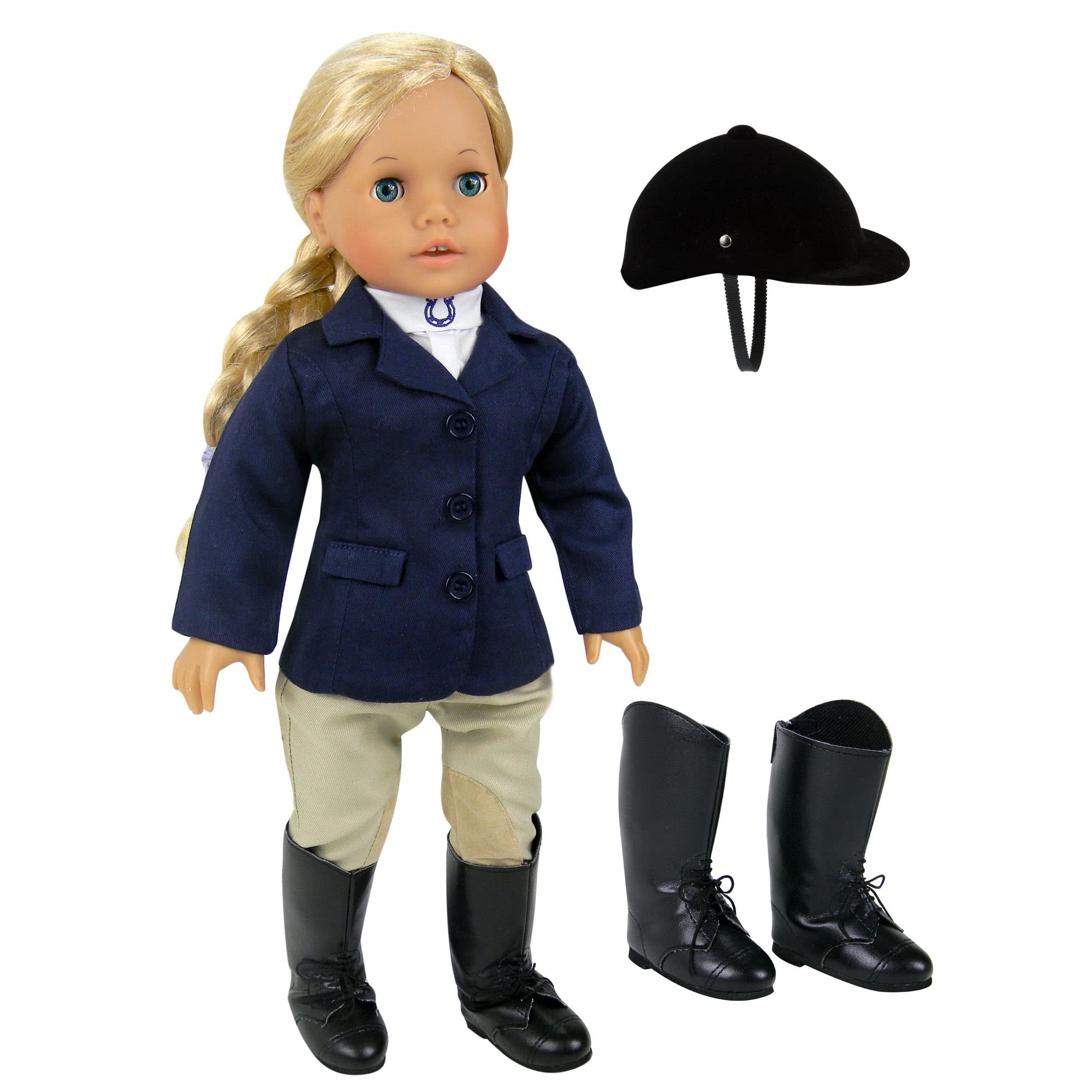 Sophia's - 18" Doll - Navy Jacket Riding Outfit, Black Tall Classic Riding Boots & Black Velvet Riding Helmet