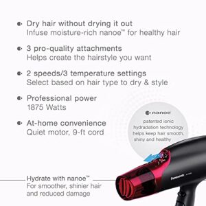 Panasonic Nanoe Hair Dryer, 1875 Watt Professional Blow Dryer for Smooth, Shiny Hair with 3 Attachments Quick Dry Nozzle, Diffuser and Concentrator Nozzle – EH-NA65-K (Black/Pink), Black