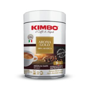 kimbo espresso aroma gold 100% arabica ground coffee - blended and roasted in italy - medium to dark roast with a rich dark chocolate flavor - 8.8 oz can