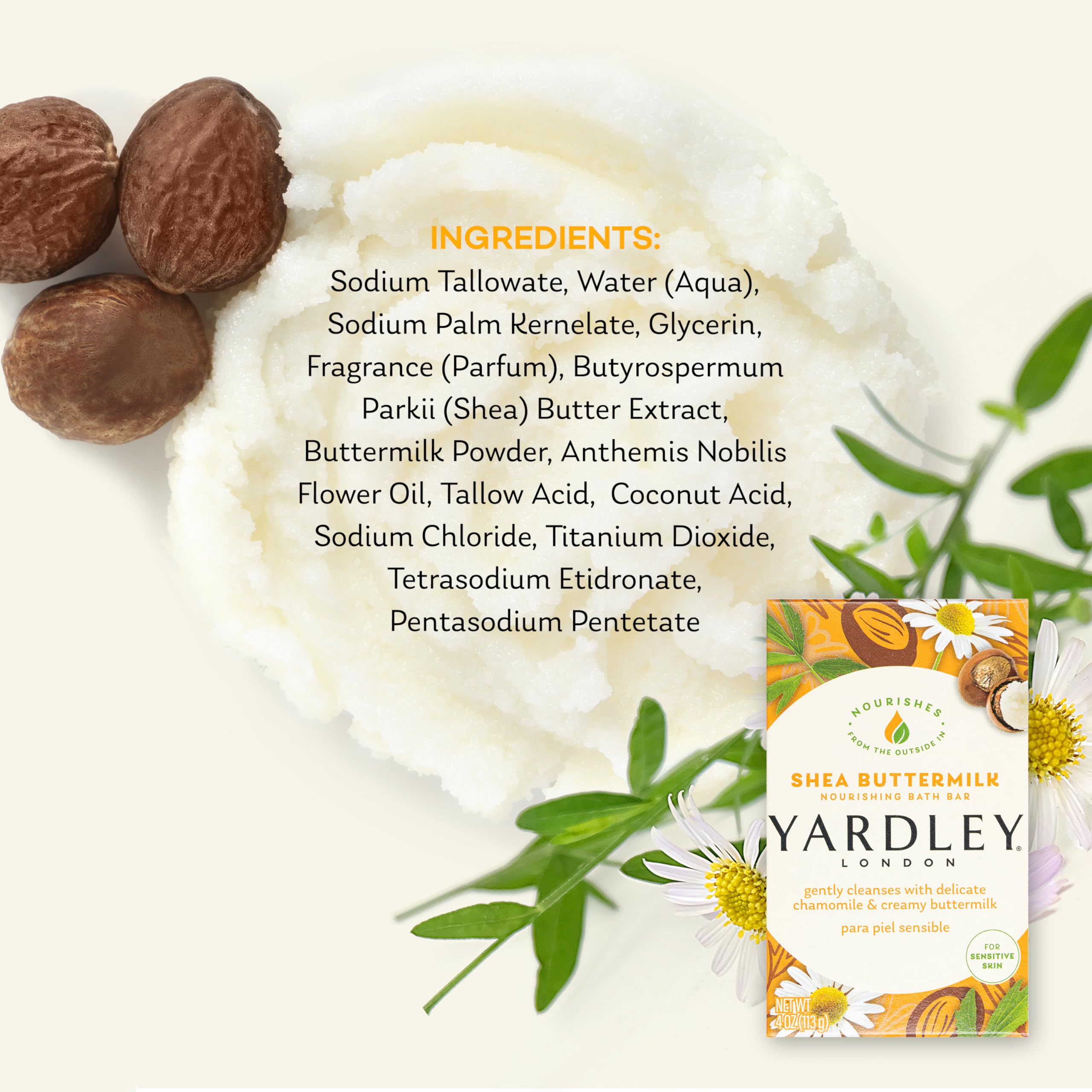 Yardley London Nourishing Bath Soap Bar Shea Buttermilk for Sensitive Skin, Gently Cleanses with Delicate Chamomile & Creamy Buttermilk, 4.0 oz Bath Bar, 1 Soap Bar