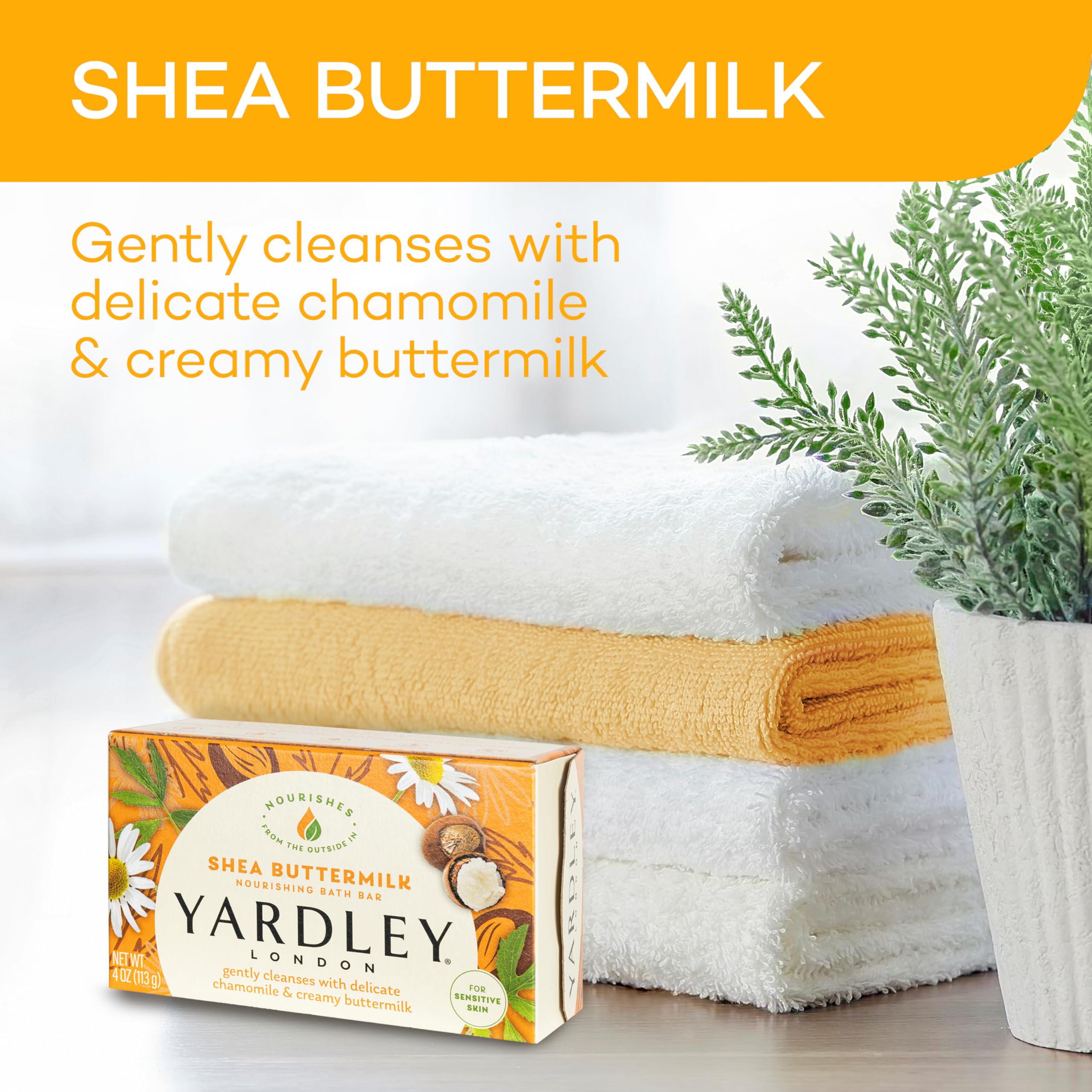 Yardley London Nourishing Bath Soap Bar Shea Buttermilk for Sensitive Skin, Gently Cleanses with Delicate Chamomile & Creamy Buttermilk, 4.0 oz Bath Bar, 1 Soap Bar