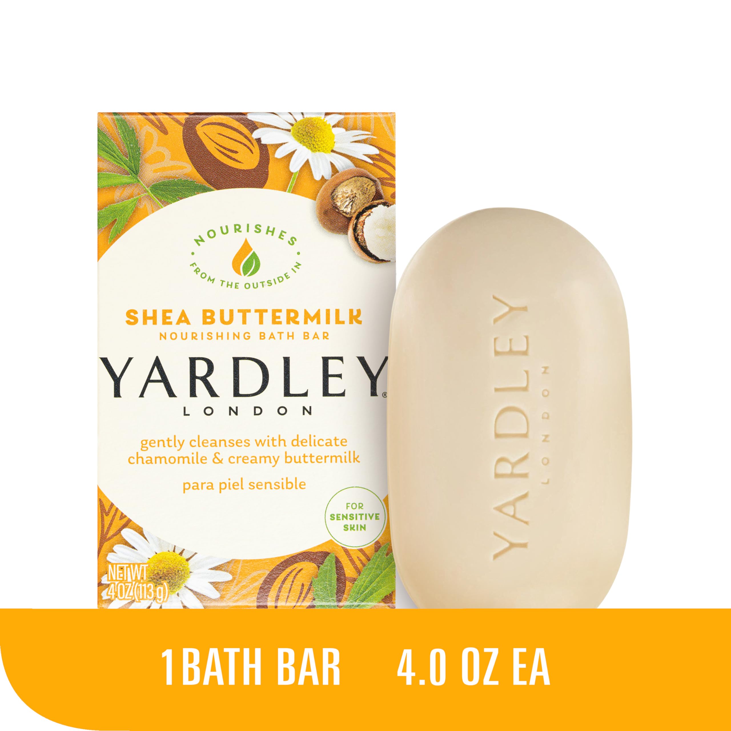 Yardley London Nourishing Bath Soap Bar Shea Buttermilk for Sensitive Skin, Gently Cleanses with Delicate Chamomile & Creamy Buttermilk, 4.0 oz Bath Bar, 1 Soap Bar