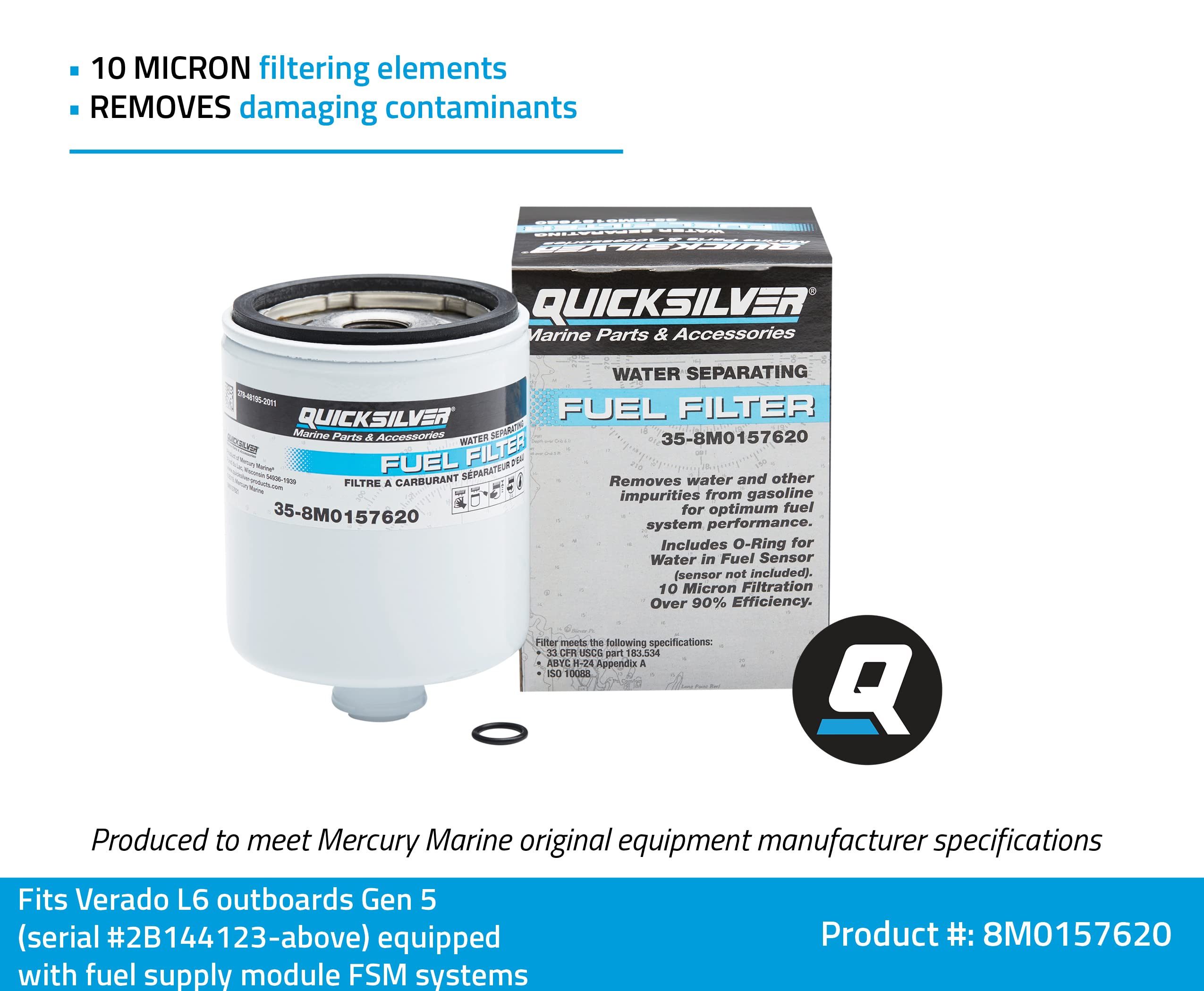 Quicksilver 8M0157620 Water Separating Fuel Filter for Select L6 Verado Outboards