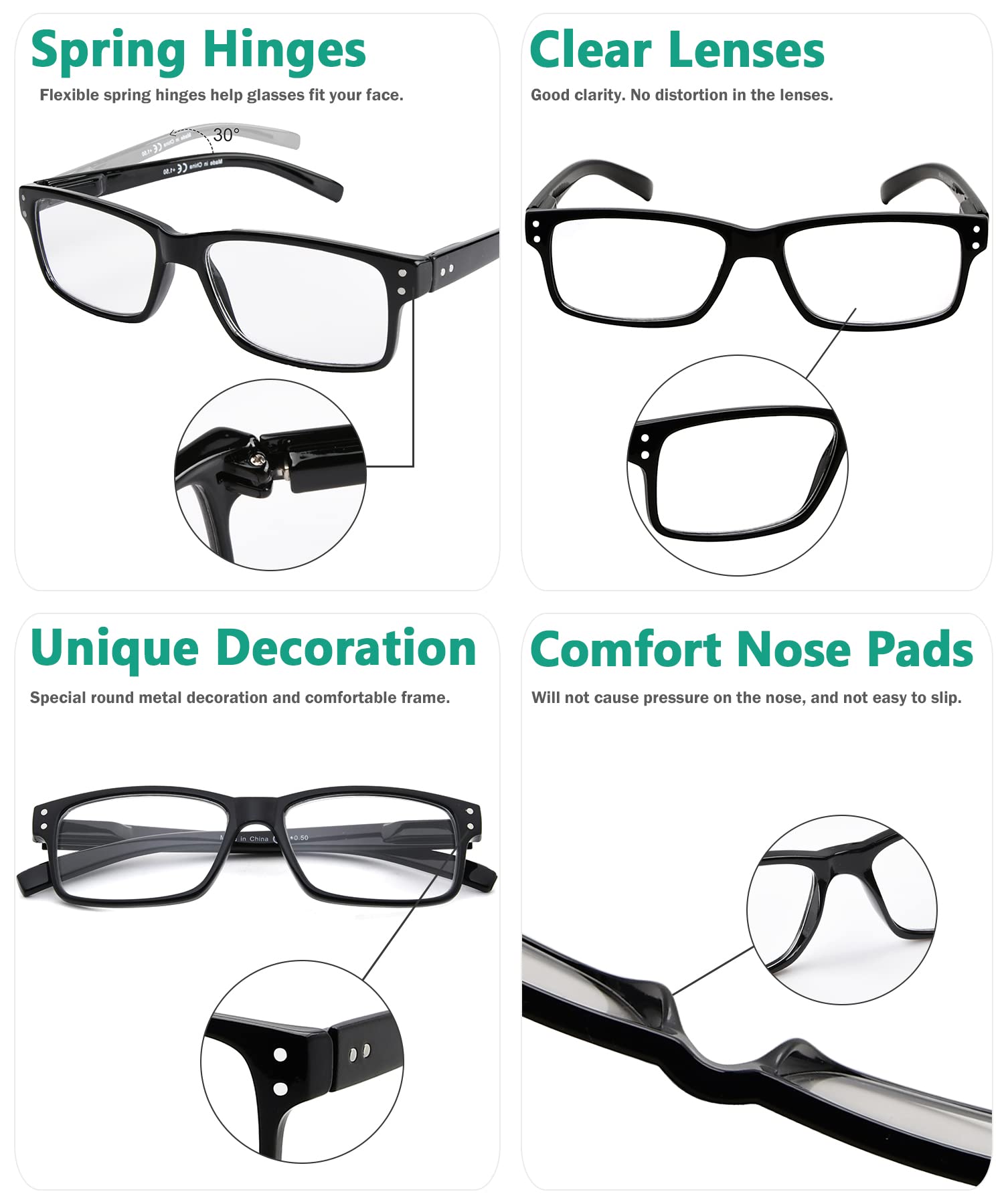 Eyekepper 5 Pack Reading Glasses for Men Spring Hinges Classic Readers Black Frame +1.50