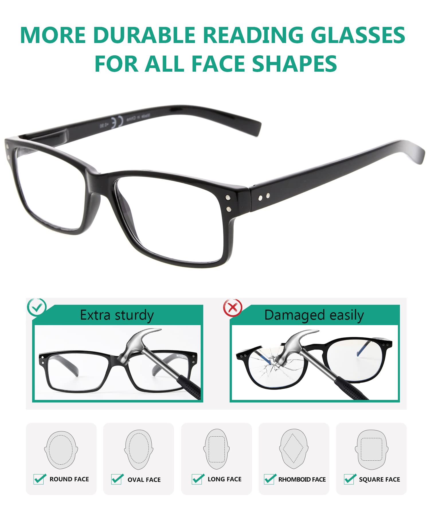 Eyekepper 5 Pack Reading Glasses for Men Spring Hinges Classic Readers Black Frame +1.50