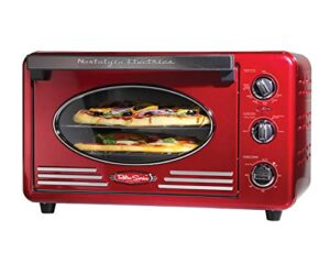 nostalgia oven, toast, airfry, broil functions large capacity fits slices of bread two 12 in. pizzas-includes baking pan and frying basket, 21 qt, metallic red