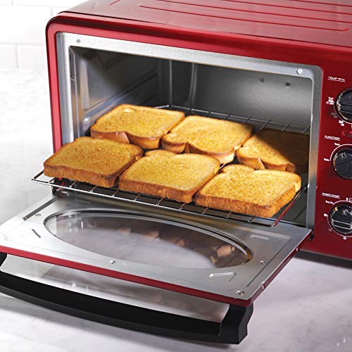 Nostalgia Oven, Toast, AirFry, Broil Functions Large Capacity Fits Slices of Bread Two 12 in. Pizzas-Includes Baking Pan and Frying Basket, 21 Qt, Metallic Red