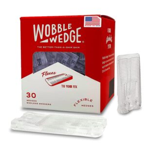 wobble wedges flexible plastic shims, 30 pack - made in usa - multi-purpose shim wedges for home improvement & work - plastic wedge, table shims for leveling, toilet shims & furniture levelers - clear