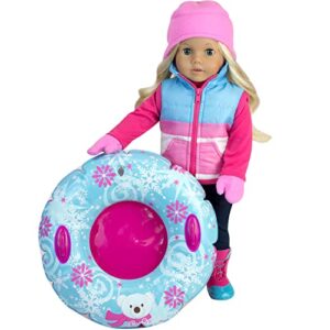 sophia's 18" doll 4 pc. winter fun set with puffy powder blue, white, and hot pink striped vest, pink fleece hat and mittens, and polar bear snowflake print inner tube