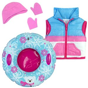 Sophia's 18" Doll 4 pc. Winter Fun Set with Puffy Powder Blue, White, and Hot Pink Striped Vest, Pink Fleece Hat and Mittens, and Polar Bear Snowflake Print Inner Tube