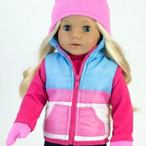 Sophia's 18" Doll 4 pc. Winter Fun Set with Puffy Powder Blue, White, and Hot Pink Striped Vest, Pink Fleece Hat and Mittens, and Polar Bear Snowflake Print Inner Tube