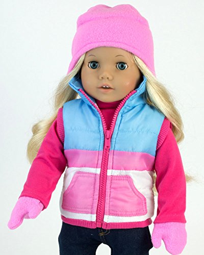 Sophia's 18" Doll 4 pc. Winter Fun Set with Puffy Powder Blue, White, and Hot Pink Striped Vest, Pink Fleece Hat and Mittens, and Polar Bear Snowflake Print Inner Tube