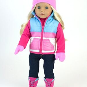 Sophia's 18" Doll 4 pc. Winter Fun Set with Puffy Powder Blue, White, and Hot Pink Striped Vest, Pink Fleece Hat and Mittens, and Polar Bear Snowflake Print Inner Tube