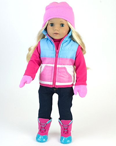 Sophia's 18" Doll 4 pc. Winter Fun Set with Puffy Powder Blue, White, and Hot Pink Striped Vest, Pink Fleece Hat and Mittens, and Polar Bear Snowflake Print Inner Tube