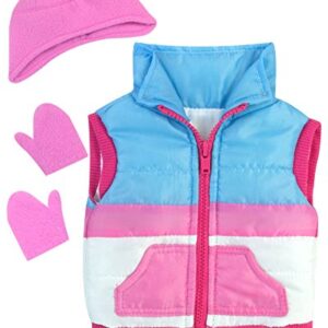 Sophia's 18" Doll 4 pc. Winter Fun Set with Puffy Powder Blue, White, and Hot Pink Striped Vest, Pink Fleece Hat and Mittens, and Polar Bear Snowflake Print Inner Tube