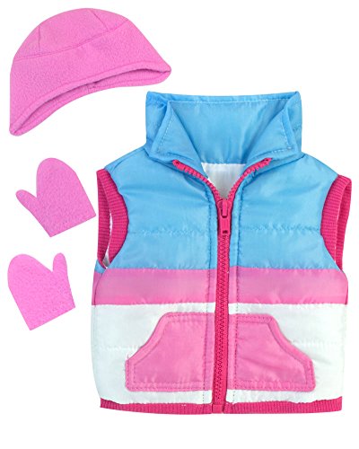 Sophia's 18" Doll 4 pc. Winter Fun Set with Puffy Powder Blue, White, and Hot Pink Striped Vest, Pink Fleece Hat and Mittens, and Polar Bear Snowflake Print Inner Tube