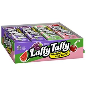 laffy taffy stretchy & tangy variety candy box, grape, watermelon, and cherry flavors, fruity treat for school, 1.5 ounce bars (pack of 24)